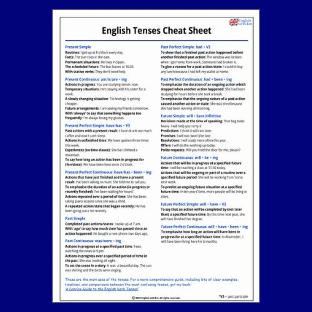 English Verb Tenses Chart - Verb Tense Cheat Sheet - for Teachers and ... English Verb Tenses Chart - Verb Tense Cheat Sheet - for Teachers and ...