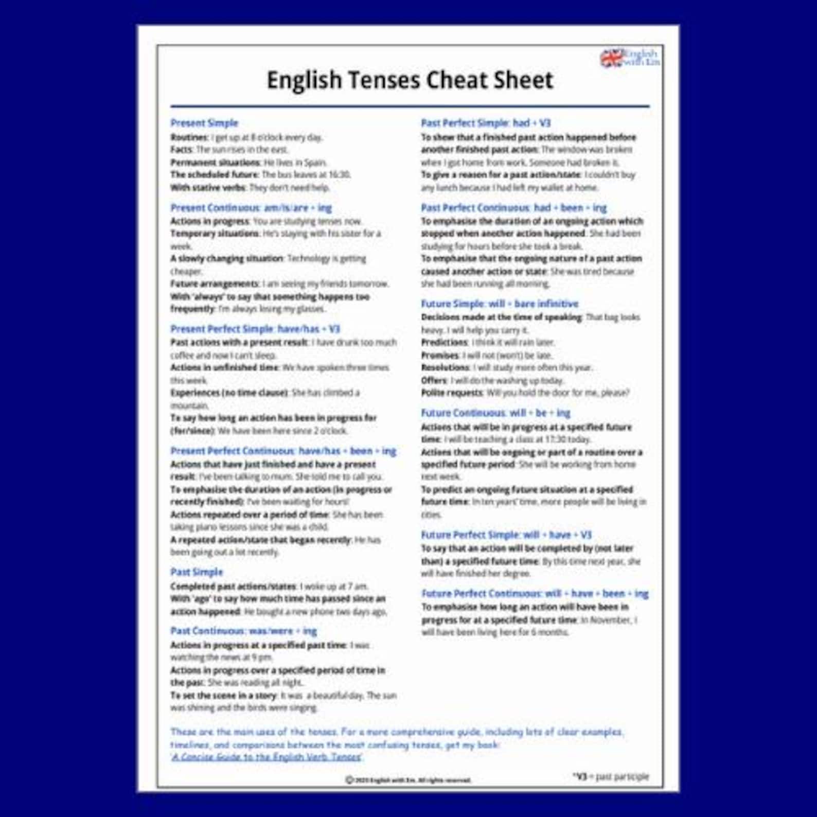 English Verb Tenses Chart - Verb Tense Cheat Sheet - for Teachers and ...