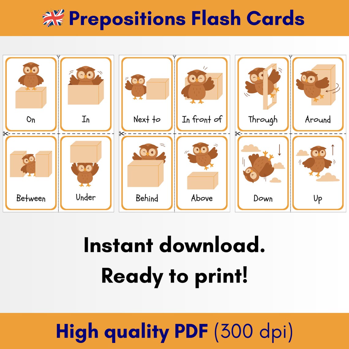 English Prepositions Flash Cards, Prepositions Cards, ESL Flash Cards ...