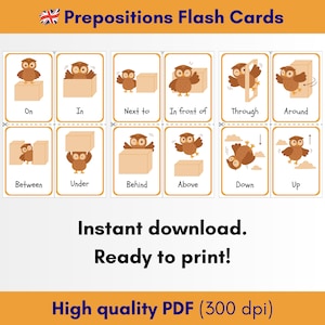 English Prepositions Flash Cards, Prepositions Cards, ESL Flash Cards ...