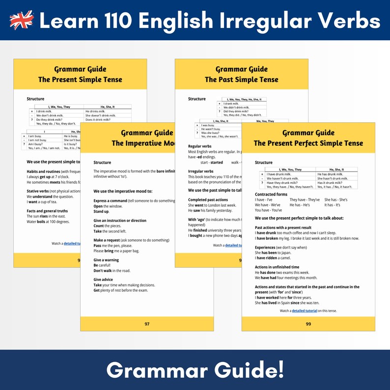 Learn 110 English Irregular Verbs - Book and Audio, English Grammar ...