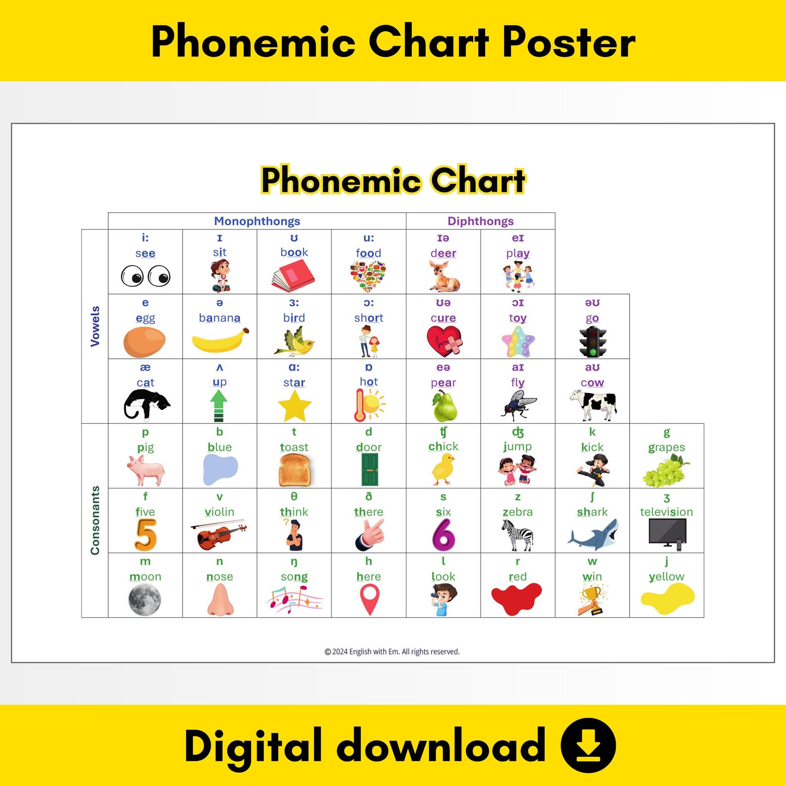 Phonemic Chart Poster, Learn English Pronunciation, Digital Download ...
