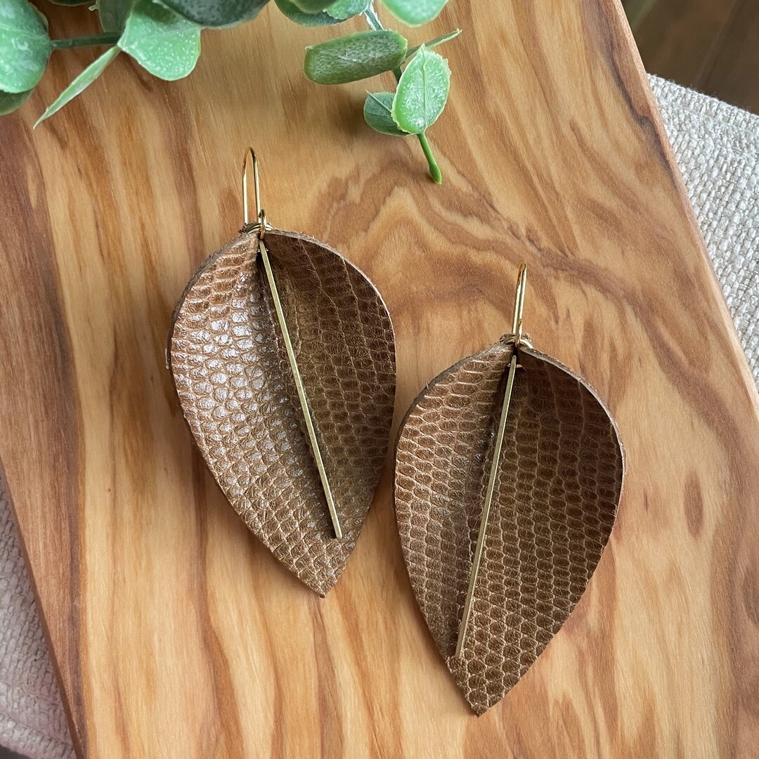 Snake Skin Leather Gold Bar Pinched Leaf Earrings Embossed Dangles ...