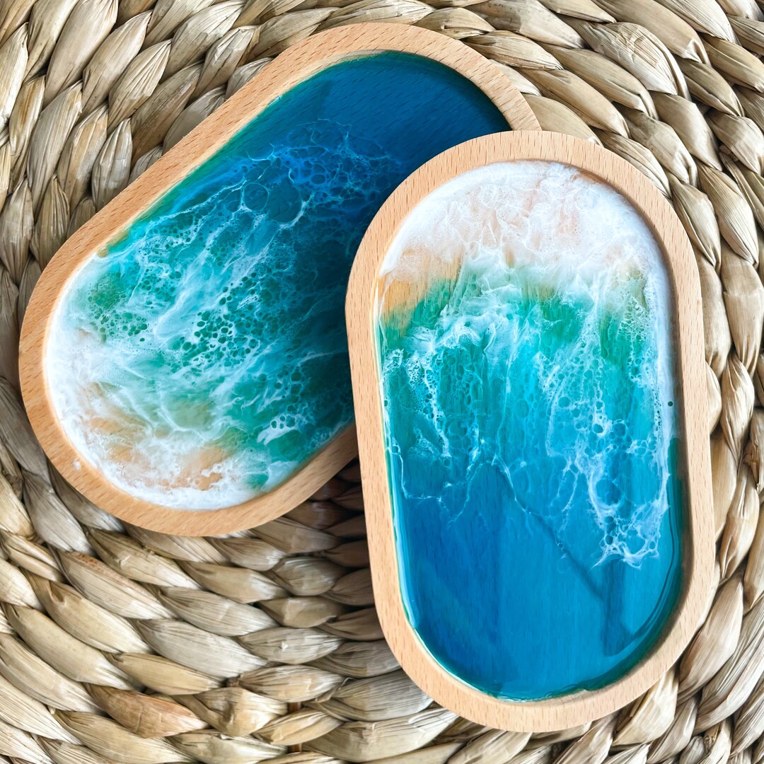 8in Resin Ocean Wave Wood Trinket Dish | Jewelry Foyer Catchall | Great ...