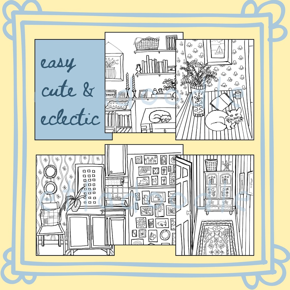 Cute and Eclectic Interior Coloring Pages | Easy Adult and Kid Friendly ...