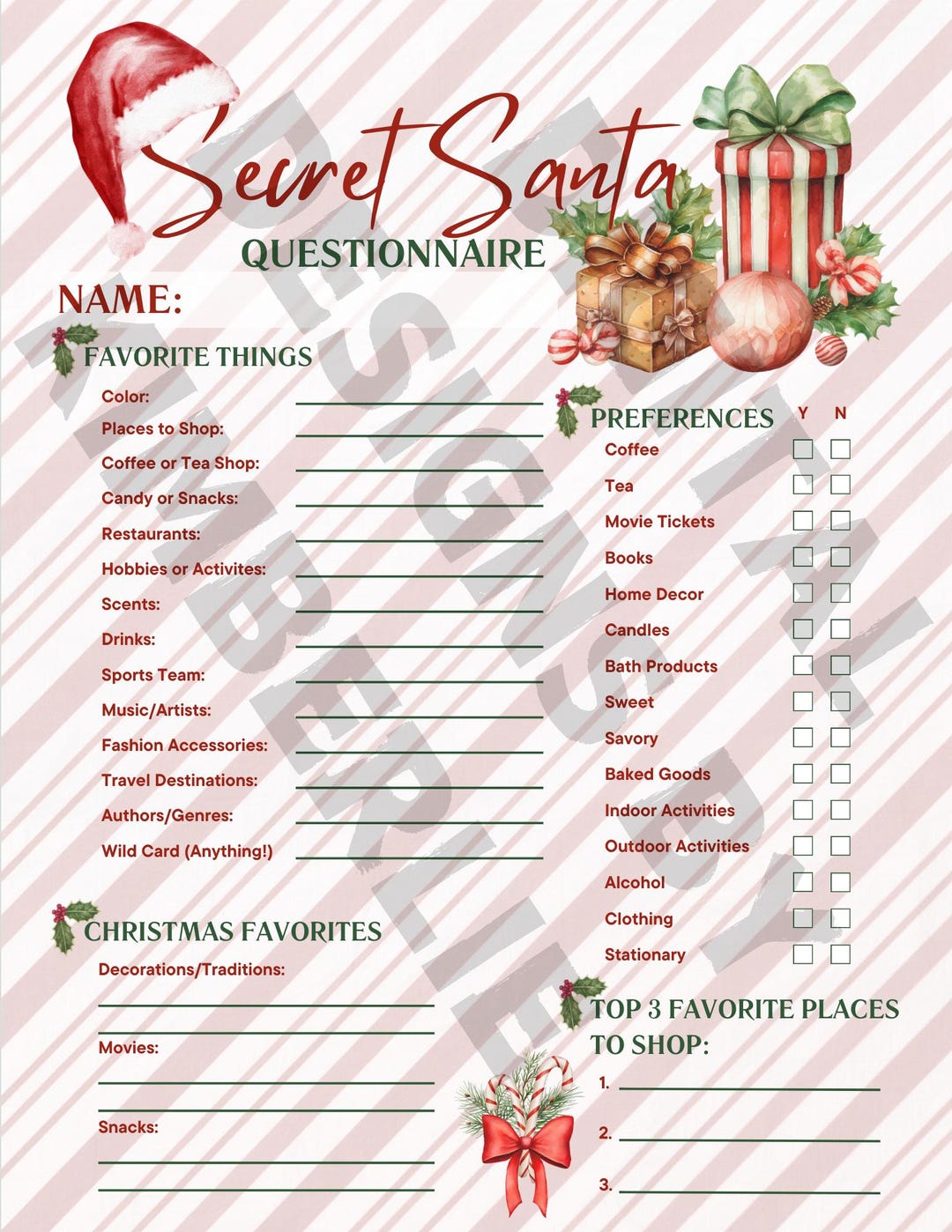 Elegant Secret Santa Questionnaire - Etsy