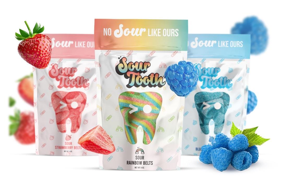 Sour Tooth Berry Lit Pack: Rainbow, Strawberry & Blue Raspberry Belts ...