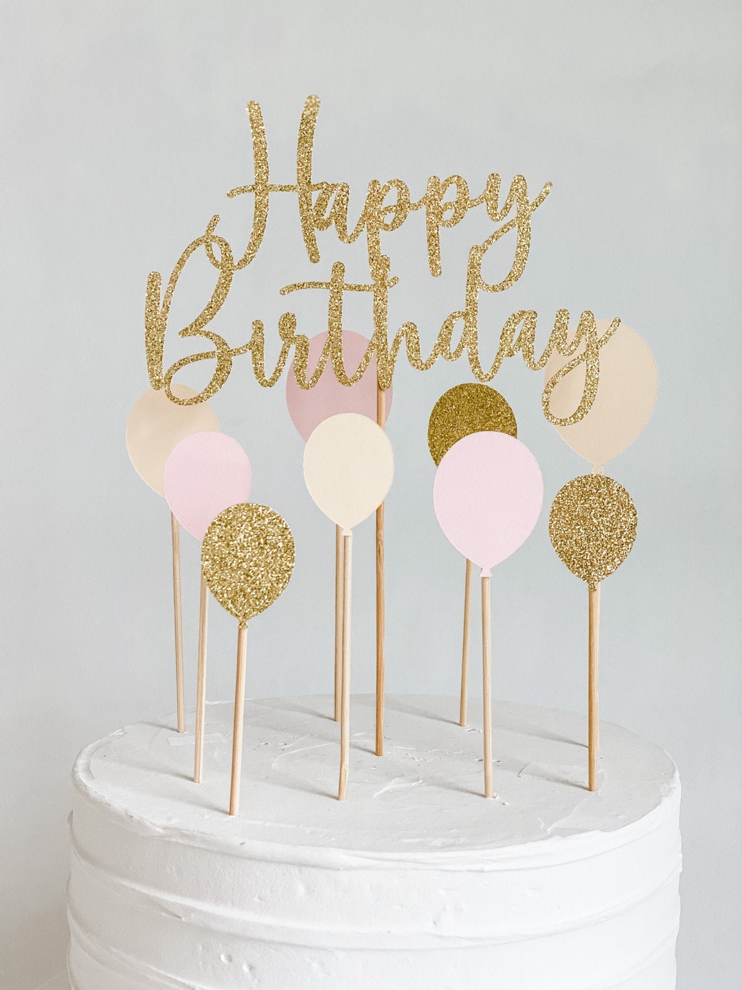 Happy Birthday Cake Topper Set With Blush Pink Balloons, Boho Gold ...