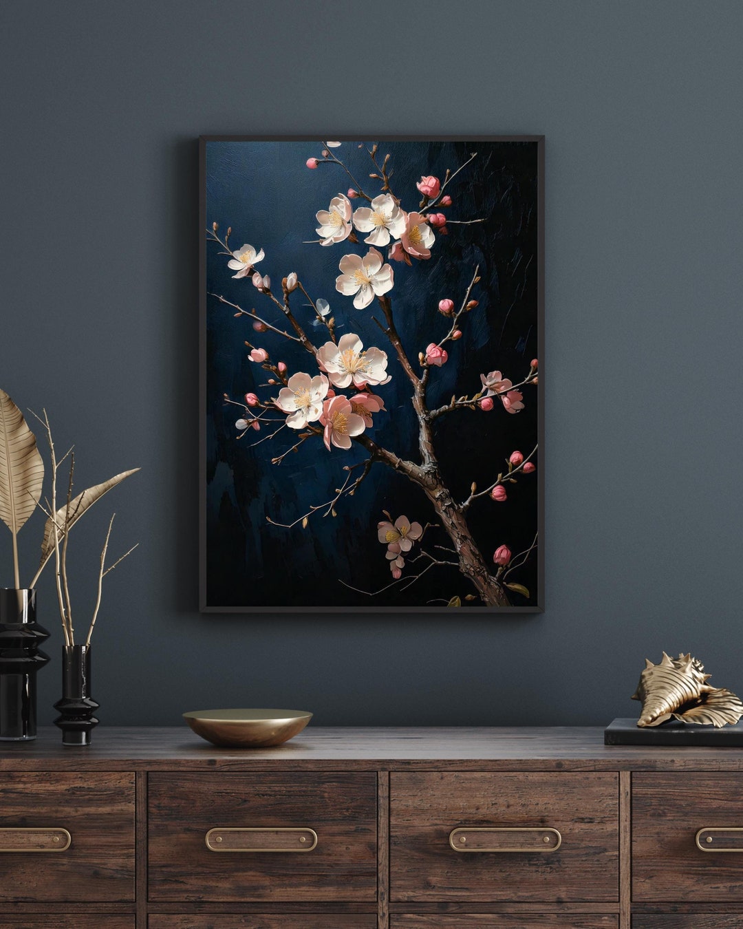 Dark Floral Wall Art | Cherry Blossom Print, Navy Blue Japanese Poster ...