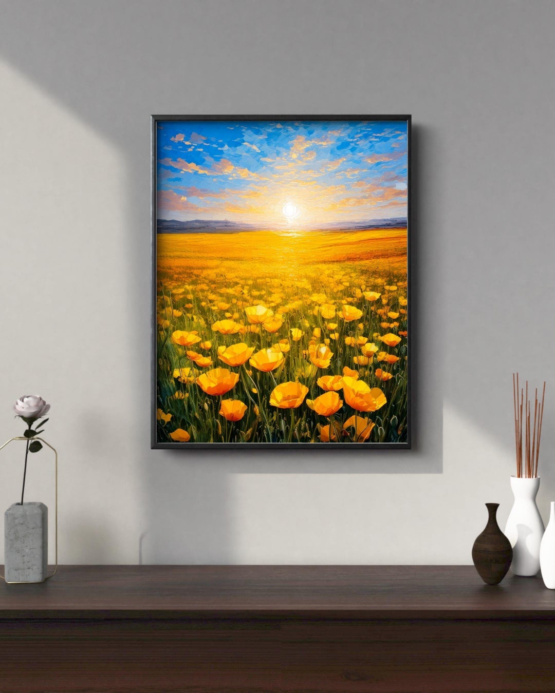 Poppy Field Print | Golden Sunset Wall Art, Modern Nature Photography ...