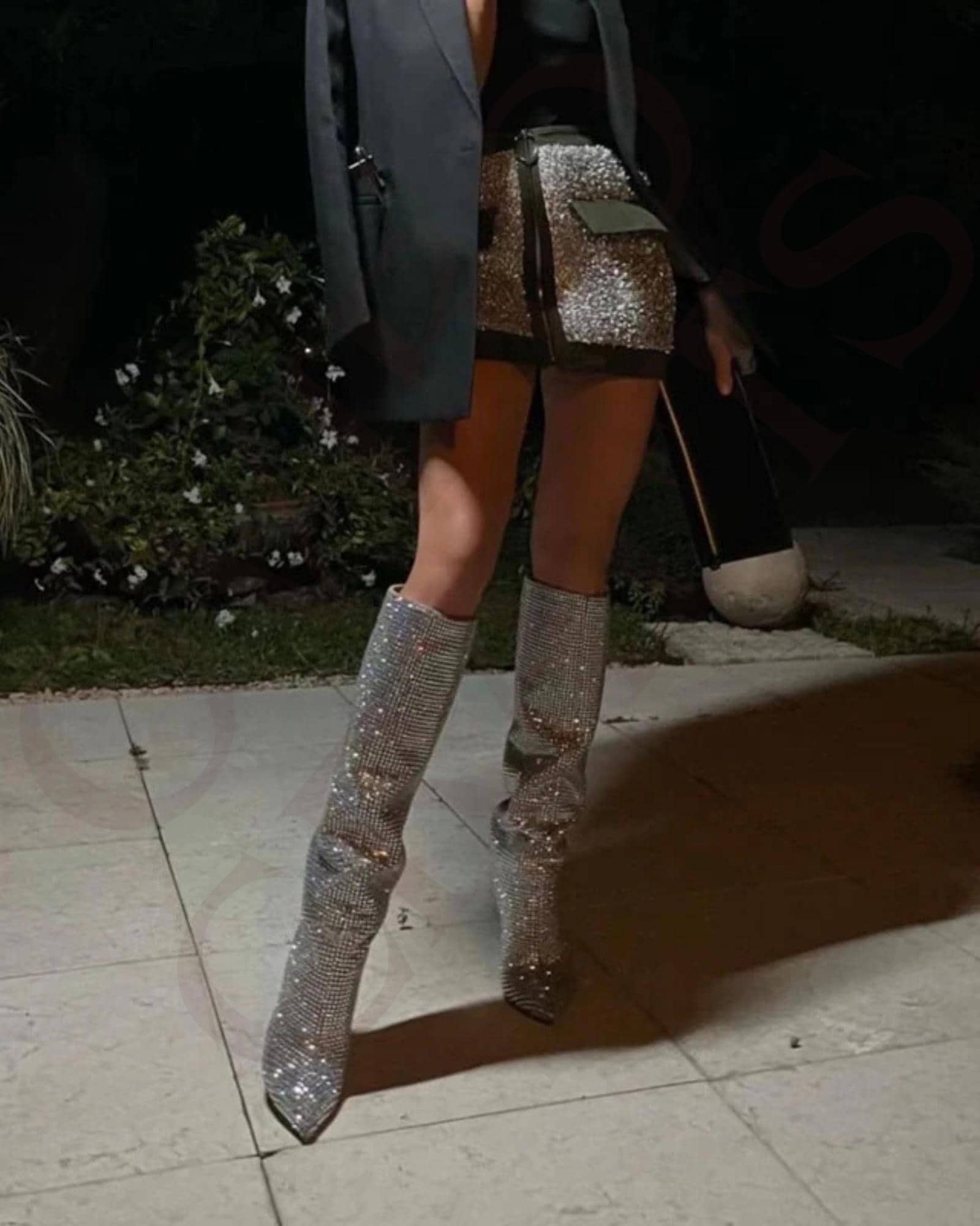 Rhinestone Crystal Knee High Boots - Sparkly Silver Embellished Women's ...