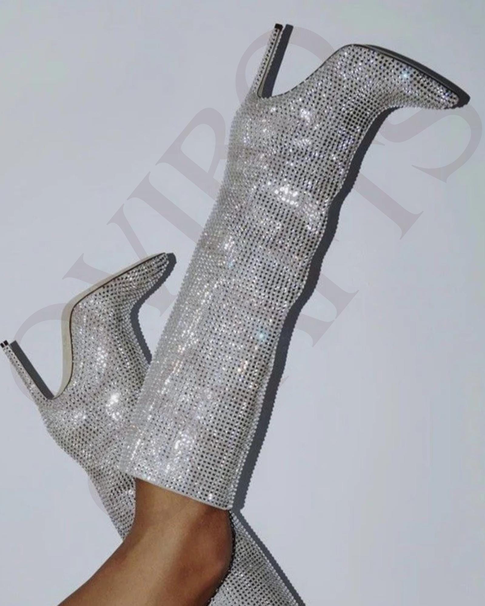 Rhinestone Crystal Knee High Boots - Sparkly Silver Embellished Women's ...