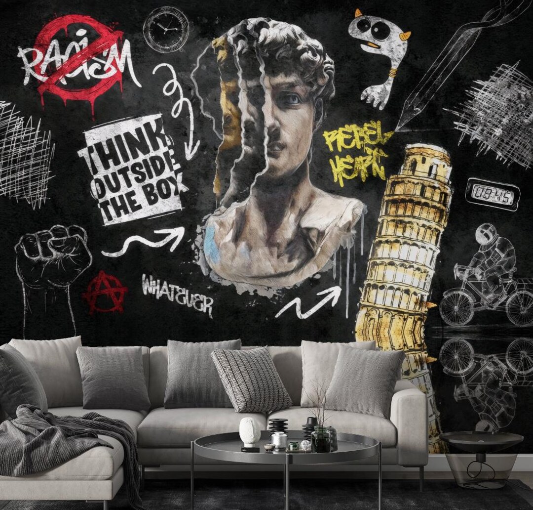 Graffiti Collage Wall Mural With David Statue, Leaning Tower of Pisa ...