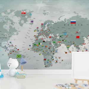 World Map Mural With Flags – Educational Wall Art – Modern Map ...