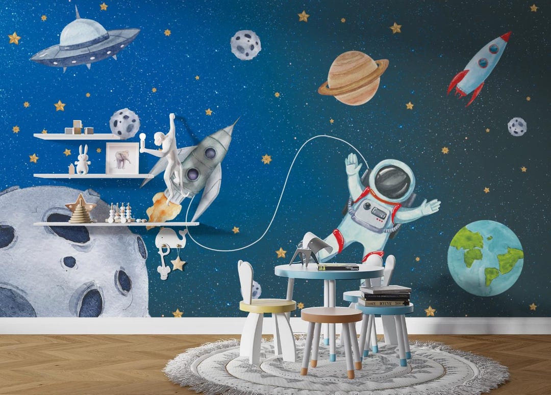 Space Adventure Kids Wallpaper – Astronaut & Rocket Wall Art, Cute ...