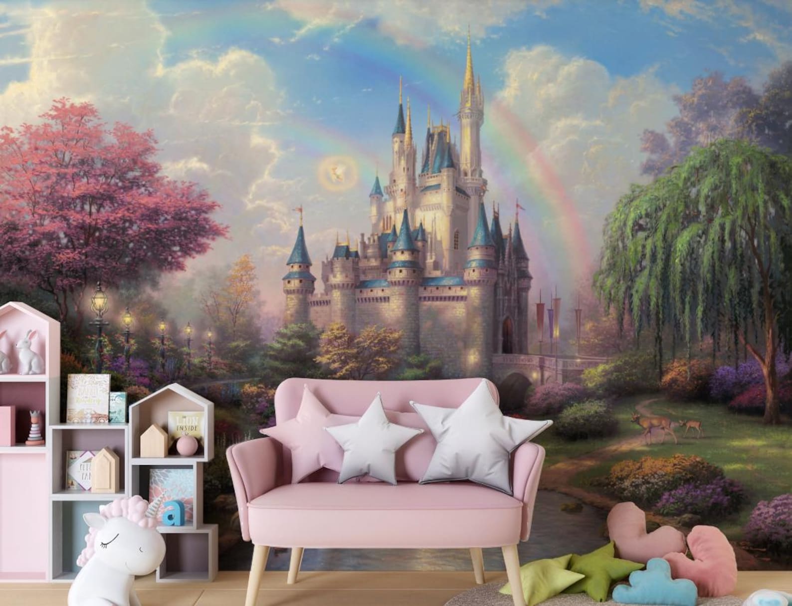 Fairy Tale Castle Wall Mural - Enchanting Rainbow, Nature, and Magical ...