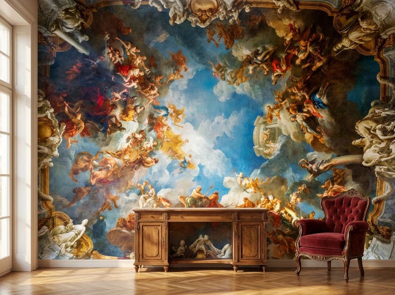 Baroque Ceiling Mural Wallpaper | Opulent Renaissance Angel Fresco Wall ...