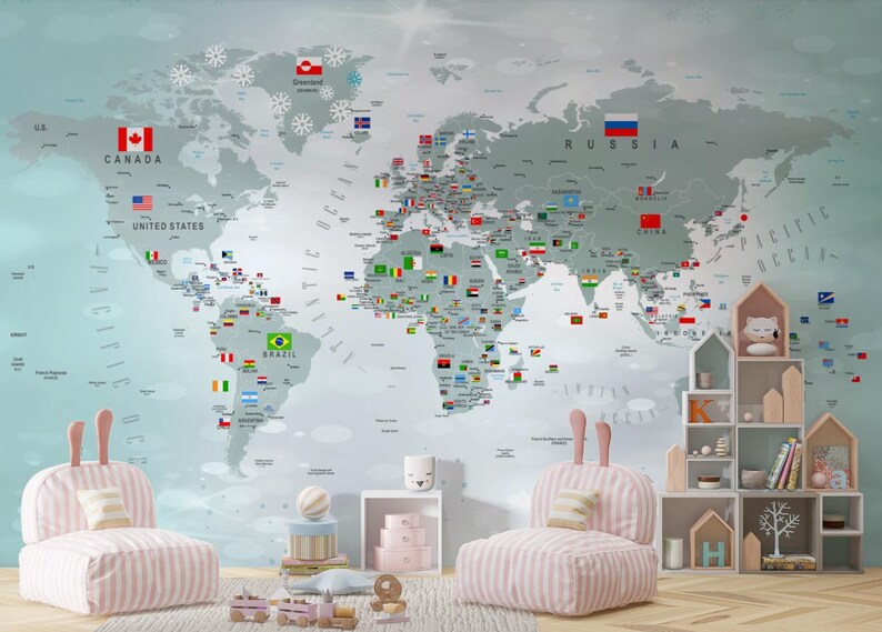 World Map Mural With Flags – Educational Wall Art – Modern Map ...
