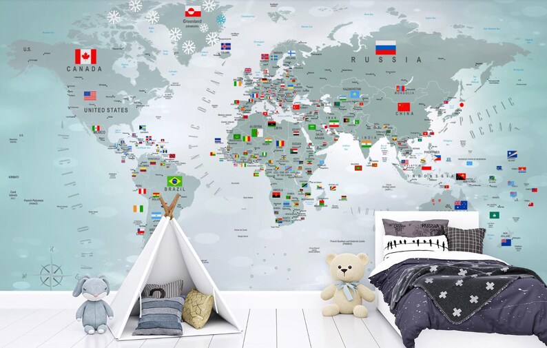 World Map Mural With Flags – Educational Wall Art – Modern Map ...