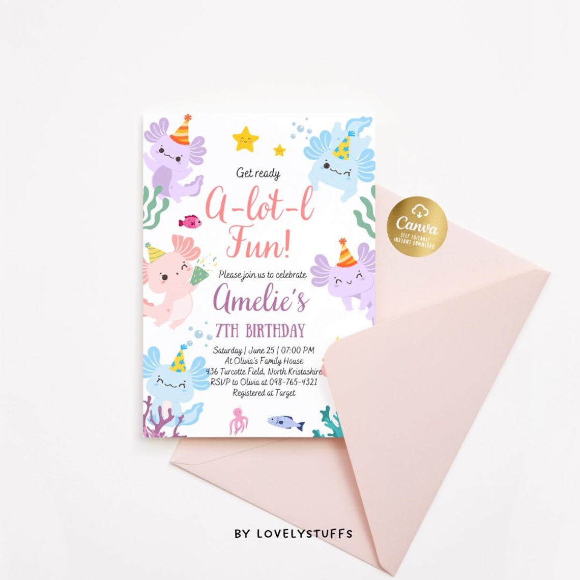 Editable Axolotl Birthday Party Invitation, Cute Axolotl Lake Fish ...