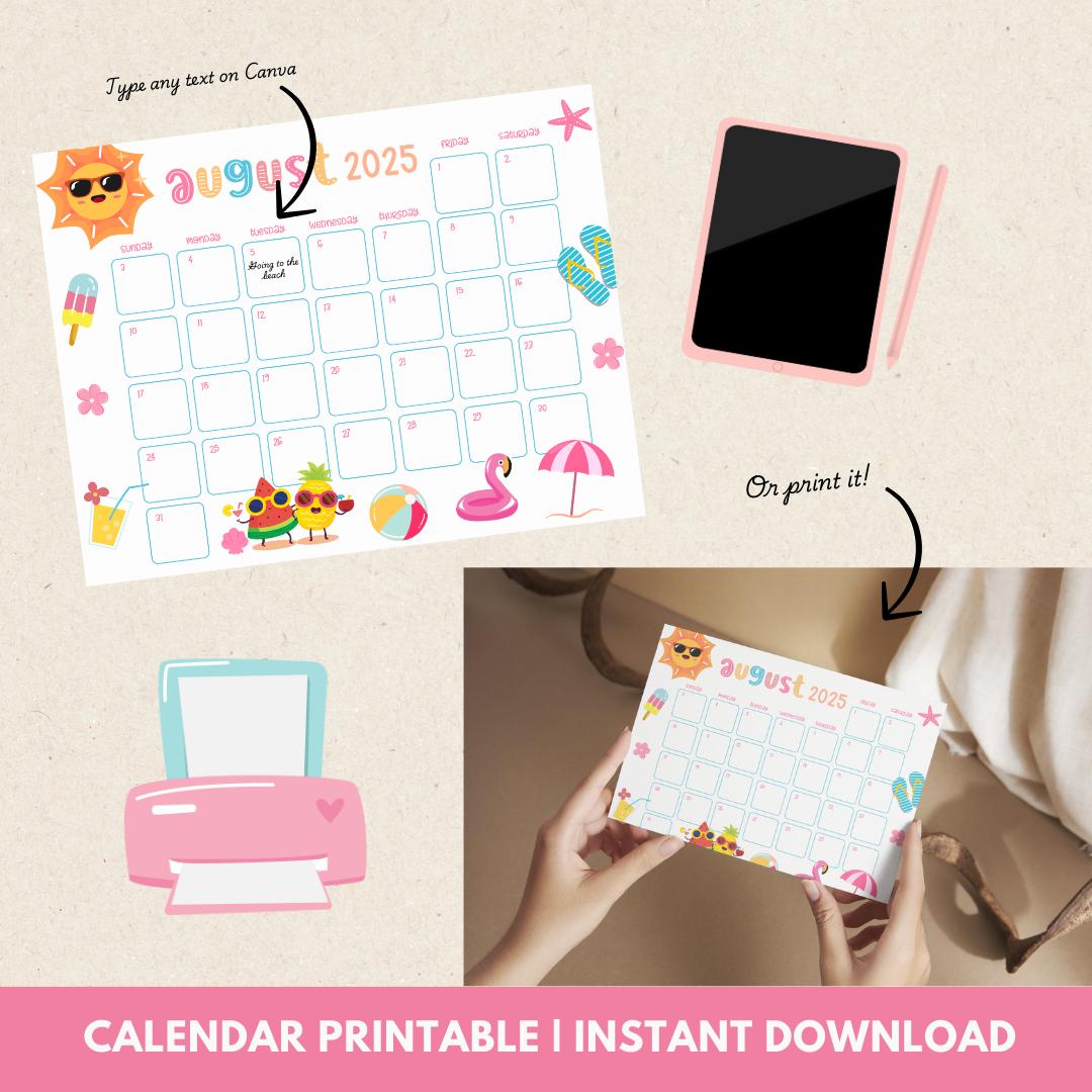 2025 Calendar Printable Template, Cute Kids Calendar 2025, Wall ...
