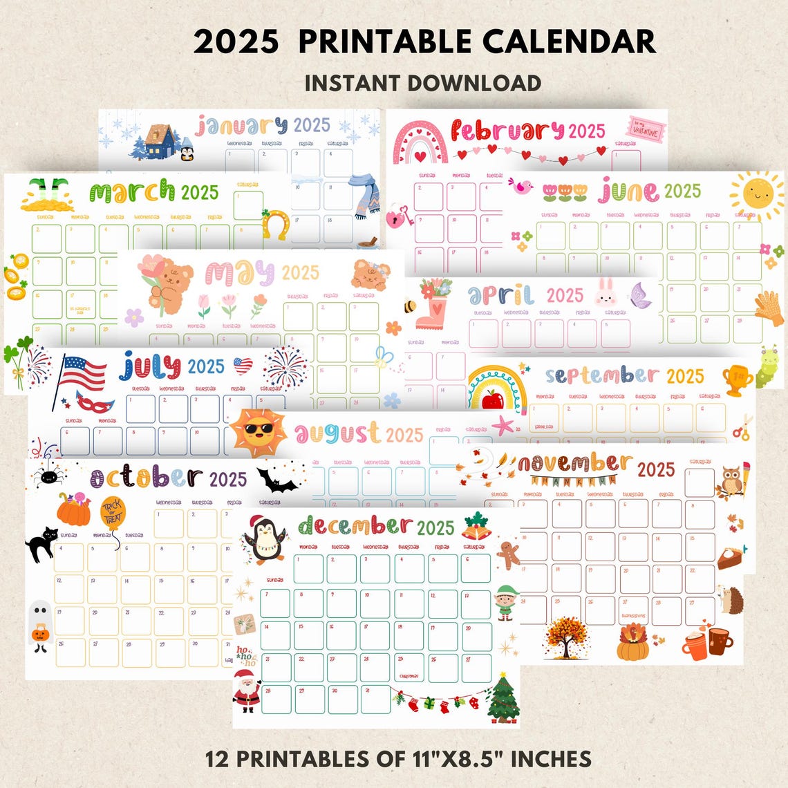 2025 Calendar Printable Template, Cute Kids Calendar 2025, Wall ...