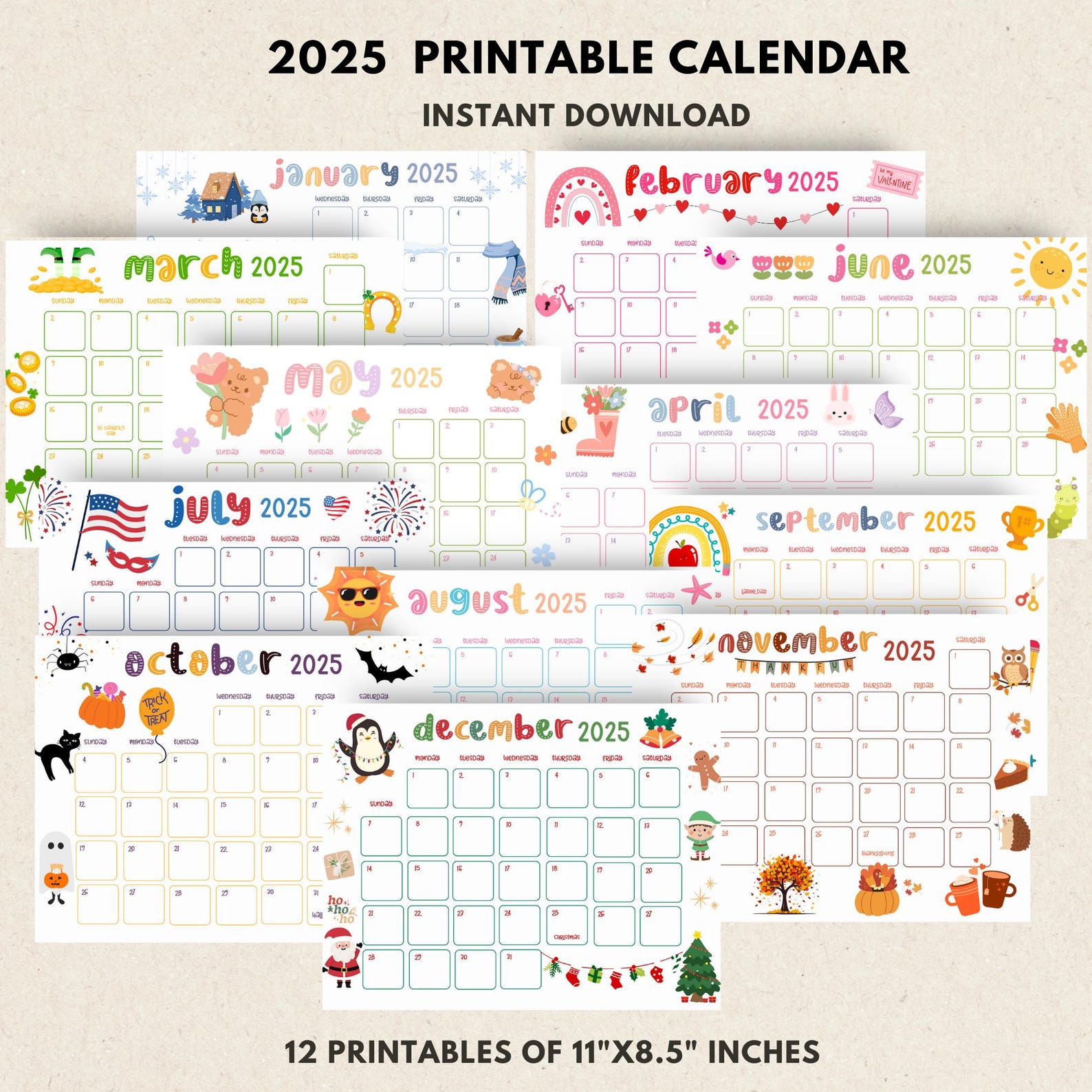 2025 Calendar Printable Template, Cute Kids Calendar 2025, Wall ...