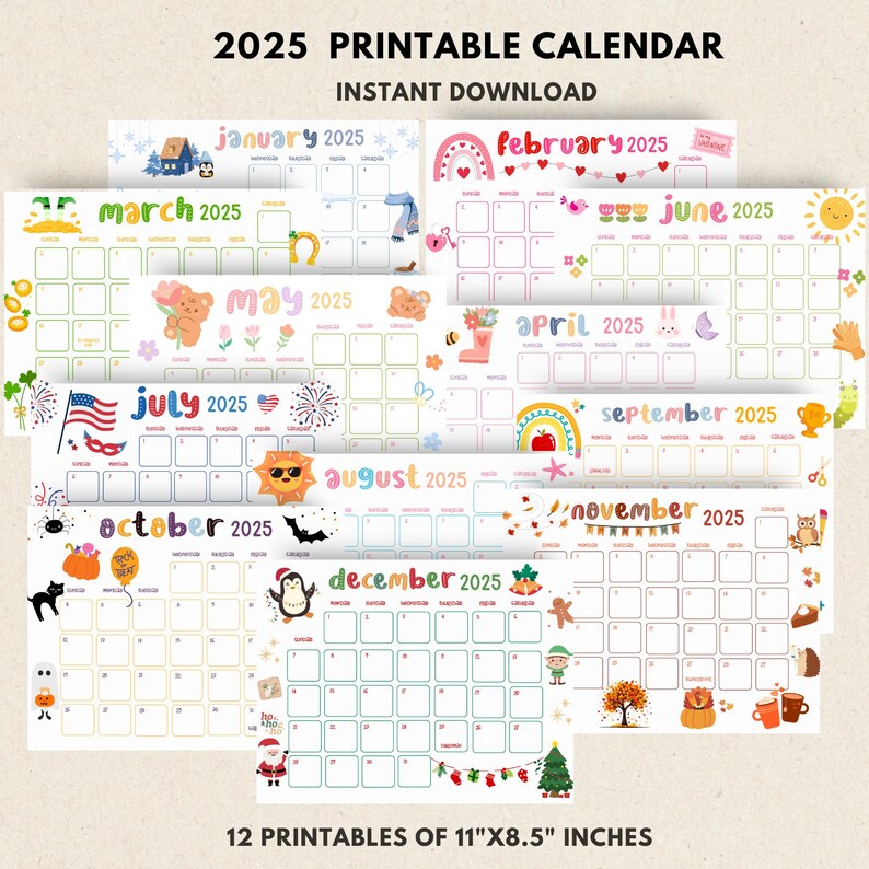 2025 Calendar Printable Template, Cute Kids Calendar 2025, Wall ...