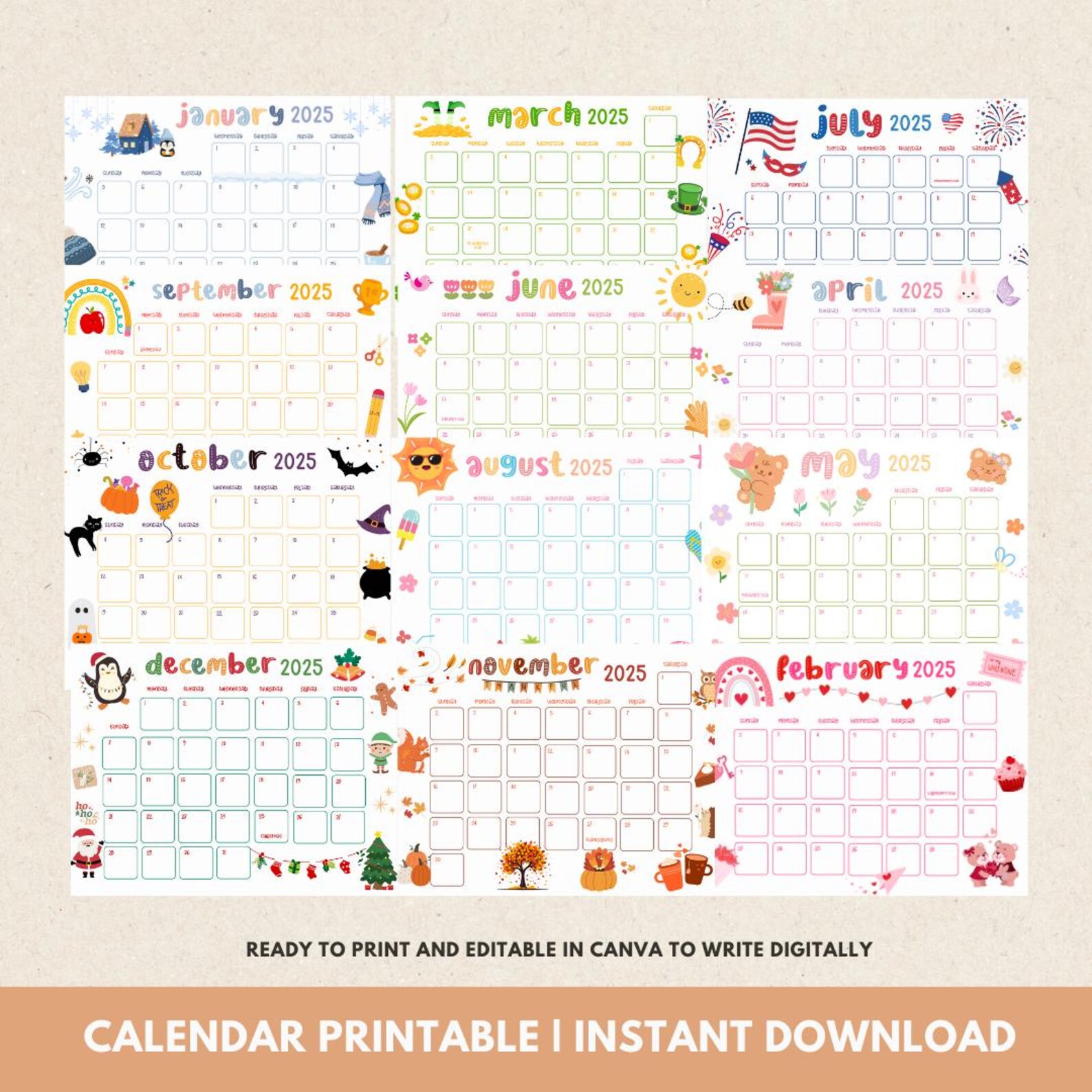 2025 Calendar Printable Template, Cute Kids Calendar 2025, Wall ...