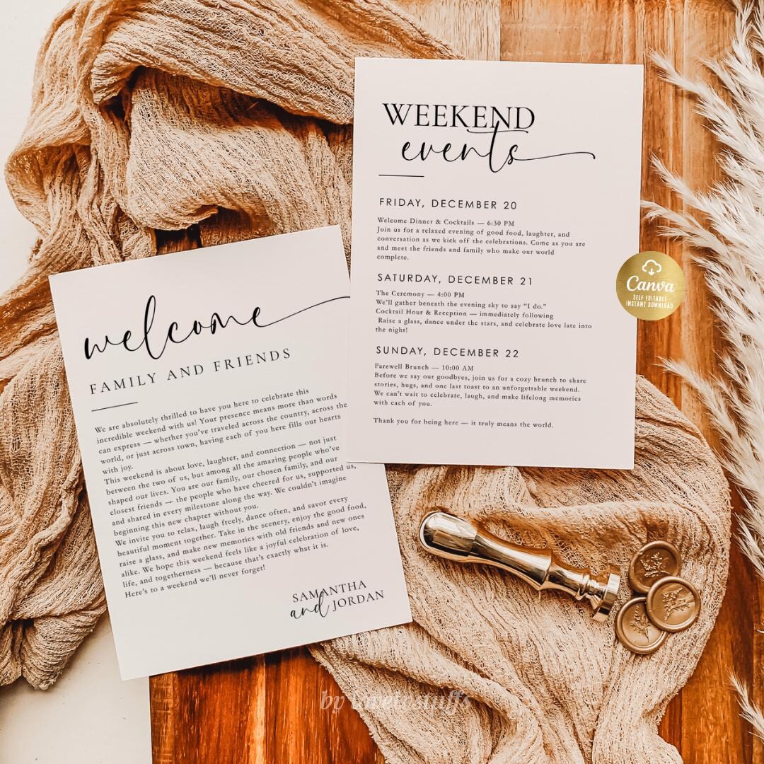 Wedding Welcome Bag Note and Timeline Template, Minimalist Wedding ...