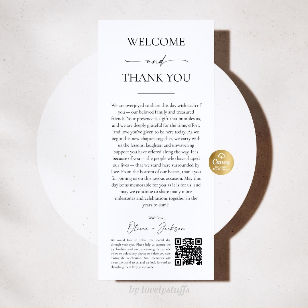 Wedding Welcome Thank You Card Template With QR Code (editable in Canva ...