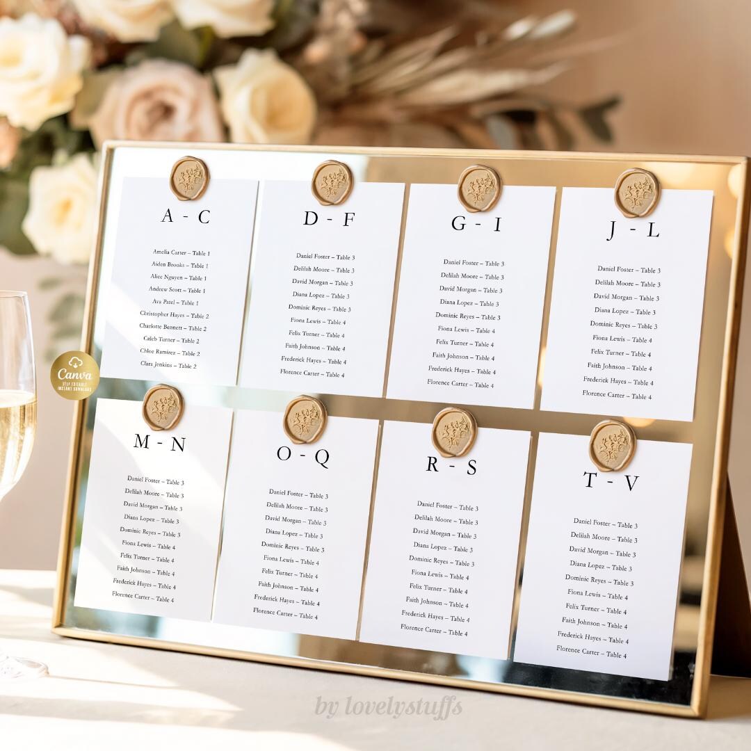Alphabetical Seating Chart Cards Template, Classic Wedding Seating Plan ...