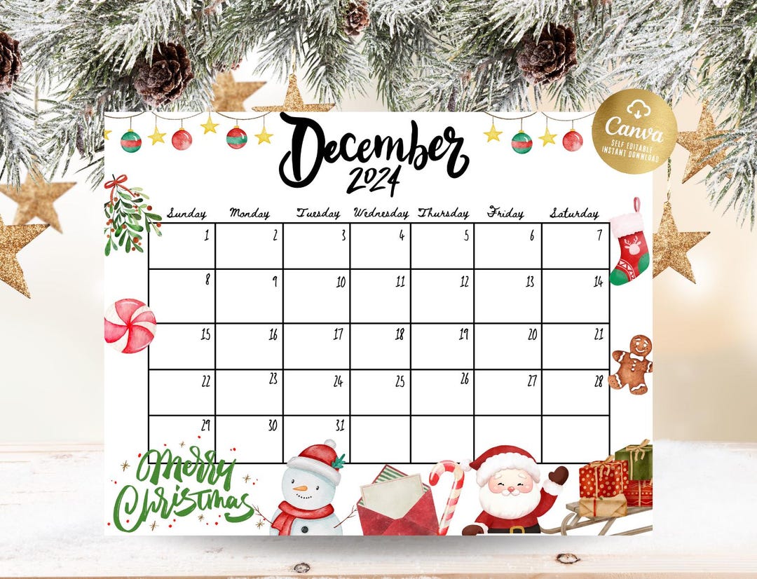 Calendario de diciembre de 2024 editable, Navidad colorida con lindos ...