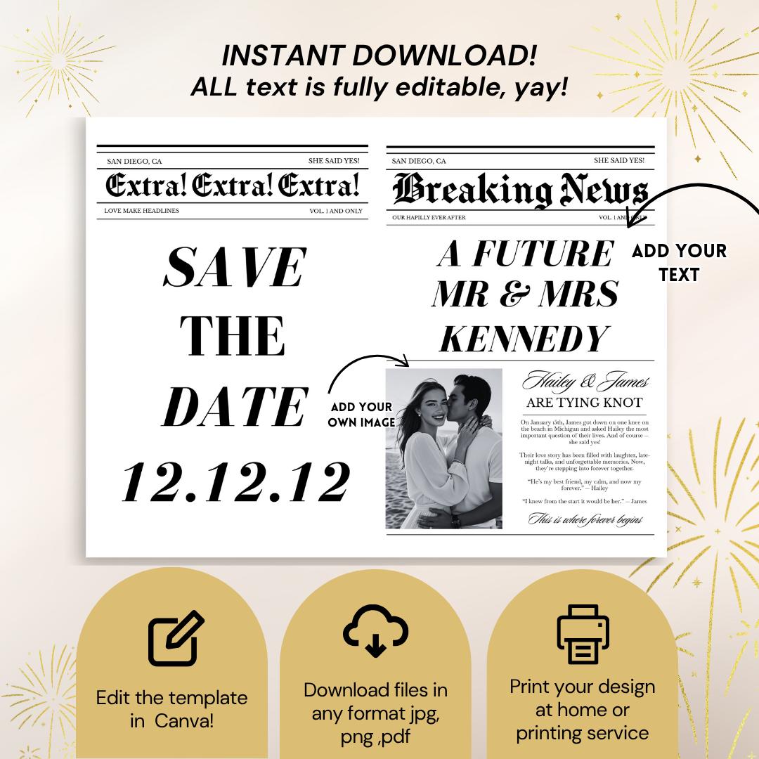 Editable Save the Date Newspaper Template, Wedding Announcement ...
