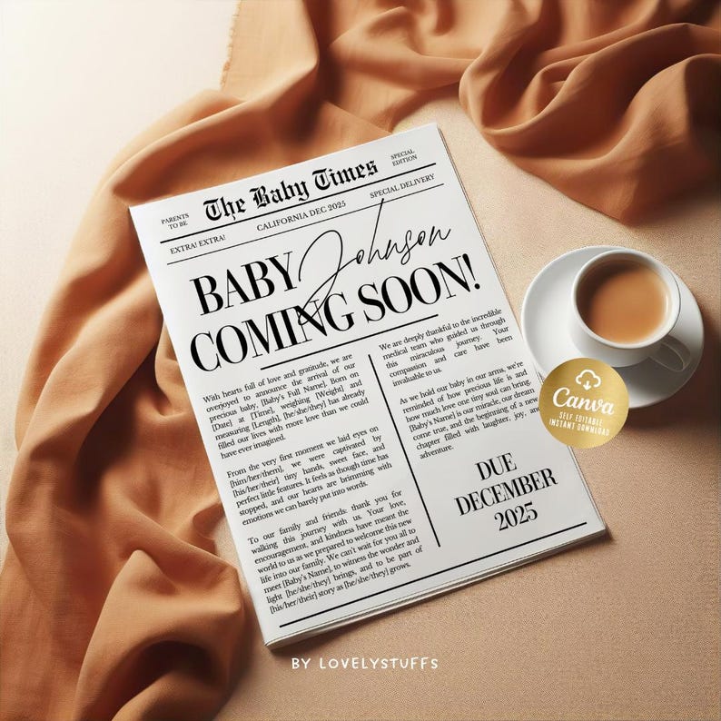 Baby Announcement Newspaper Template, Pregnancy Reveal (editable Canva ...