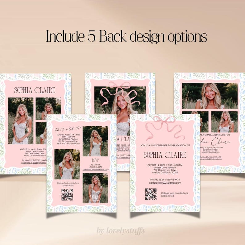 Pink Floral Graduation Invitation Template, Coquette Bow Grad ...