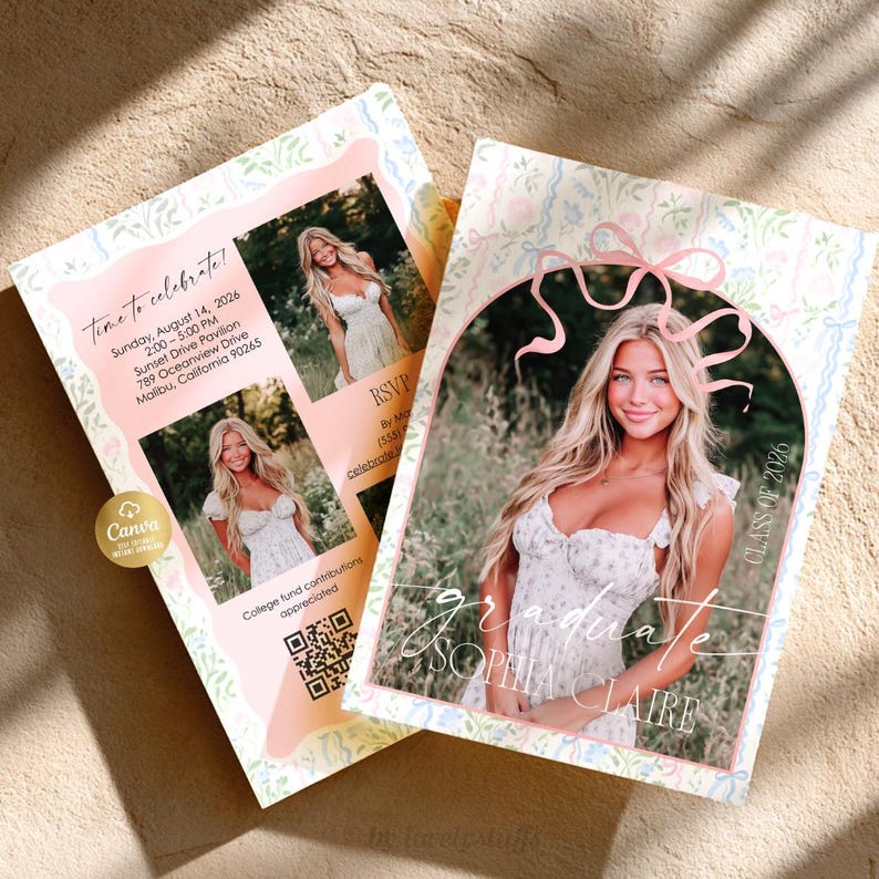 Pink Floral Graduation Invitation Template, Coquette Bow Grad ...