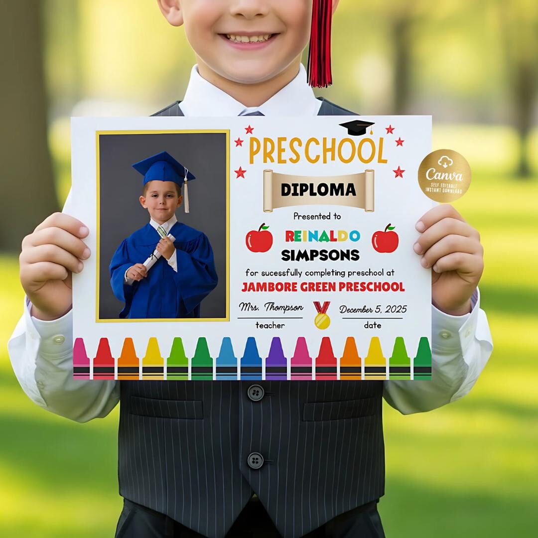 Editable Preschool Diploma, Photo Graduation Certificate (canva) - Etsy