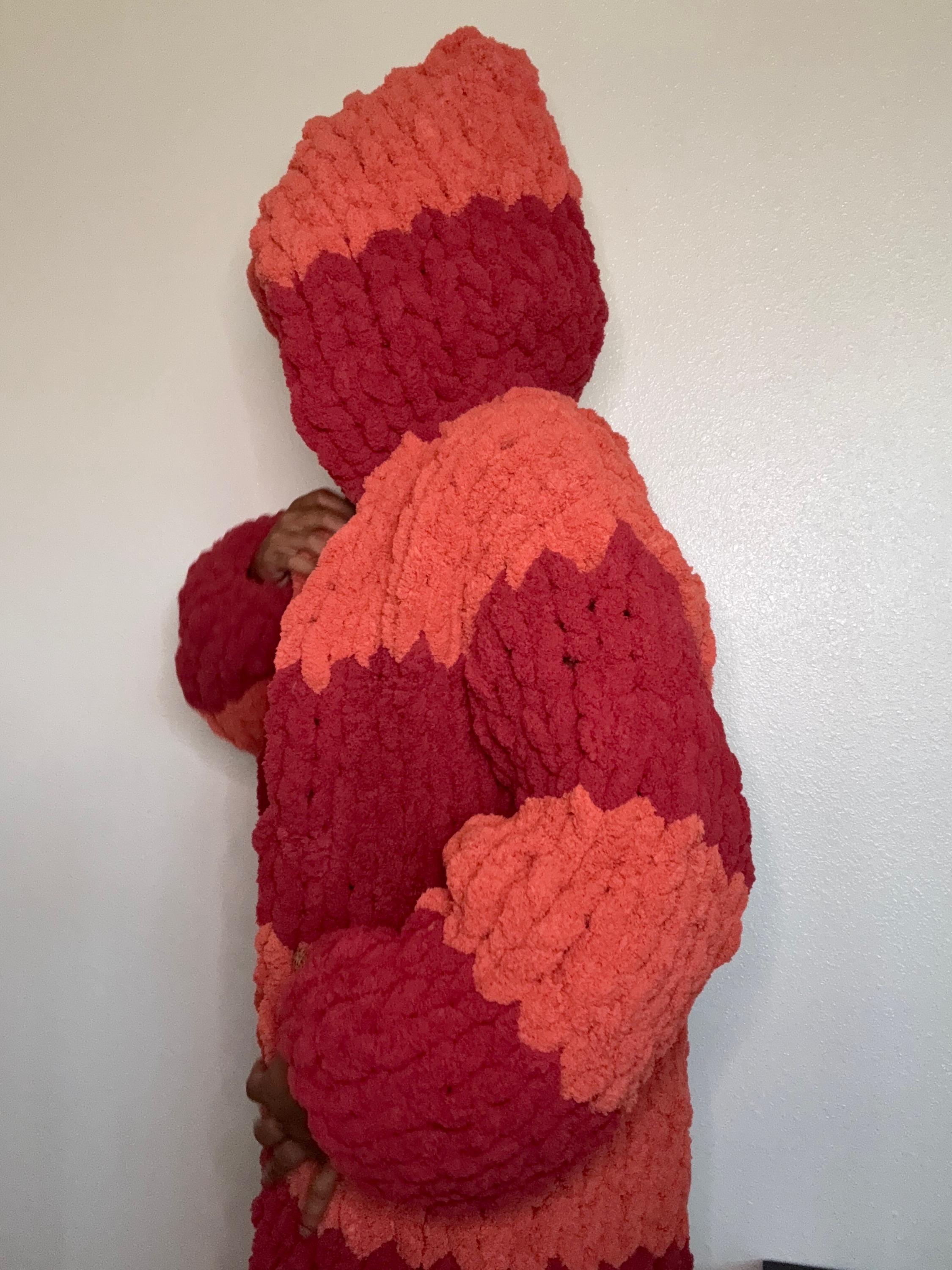 Unisex Two-tone Chunky Knit Duster Jacket With Hood - Etsy