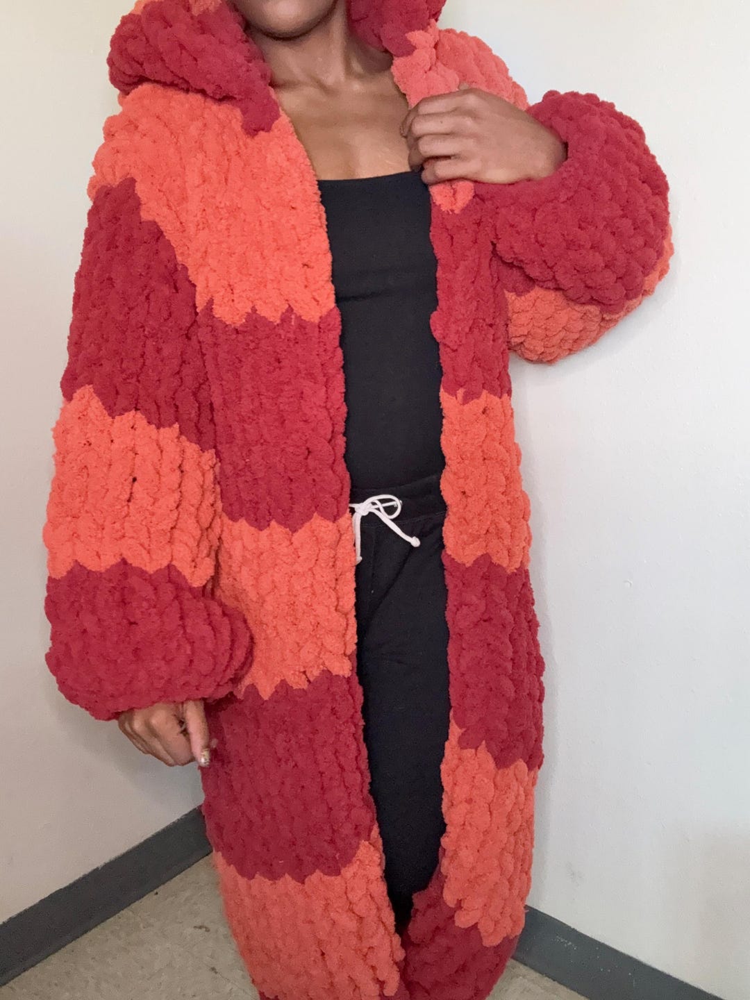 Unisex Two-tone Chunky Knit Duster Jacket With Hood - Etsy
