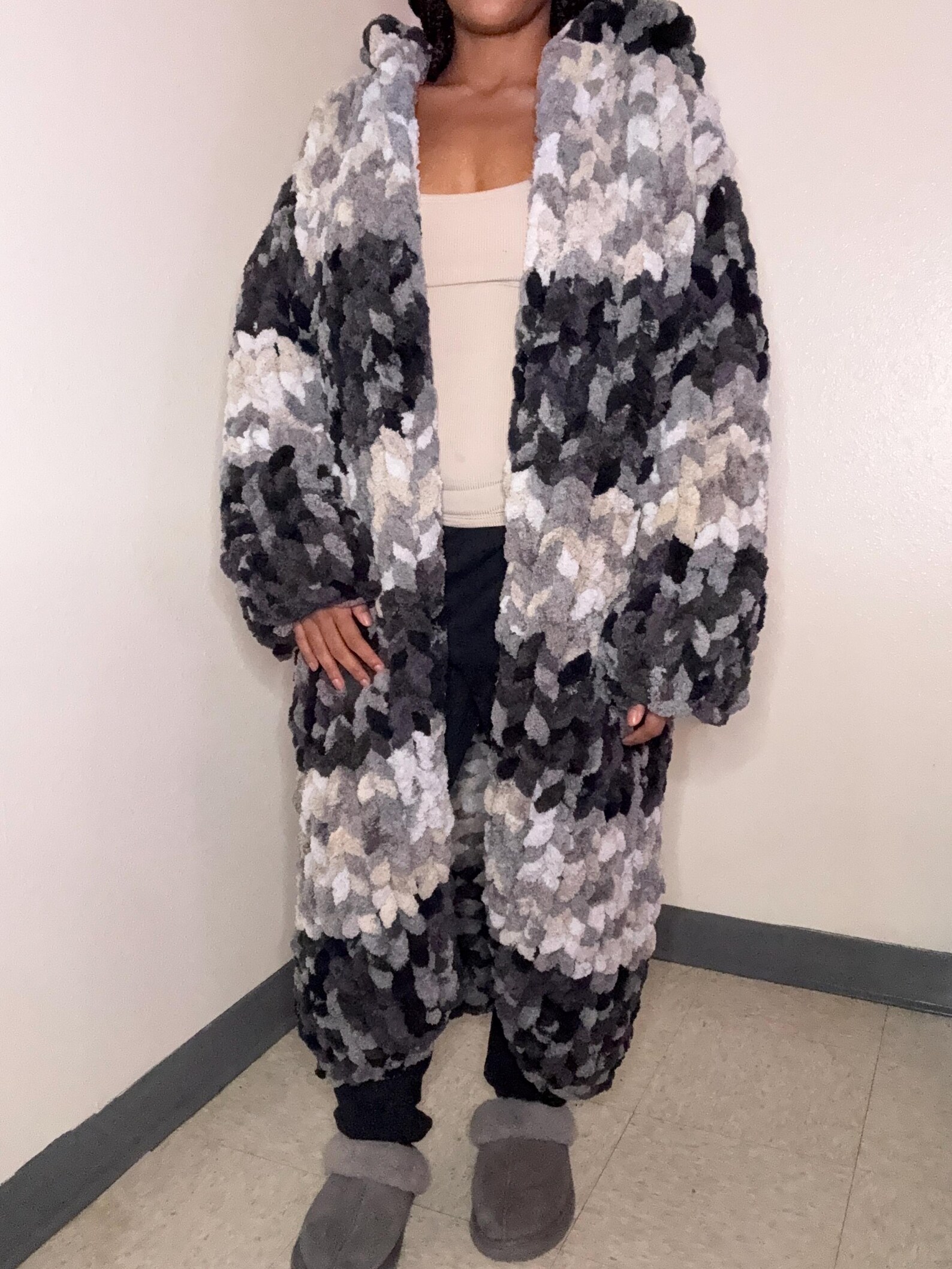 Unisex Two-tone Chunky Knit Duster Jacket With Hood - Etsy