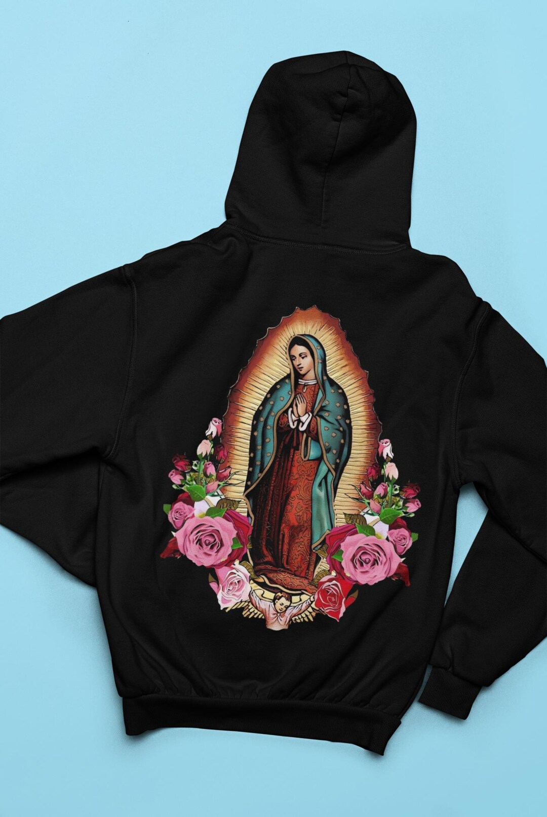Religious Champion Hoodie Virgin Mary Red Roses Design, Catholic ...