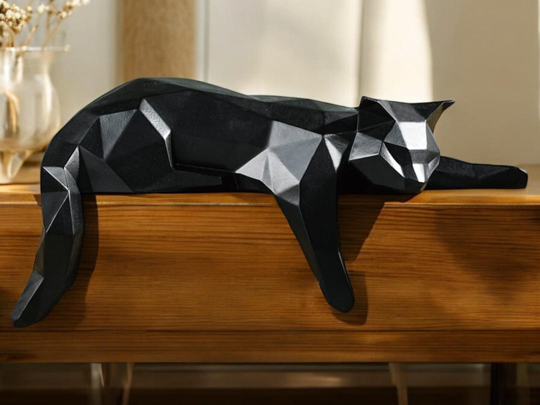 Geometric Cat Statue | Modern Black & White Lying Cat Sculpture for ...