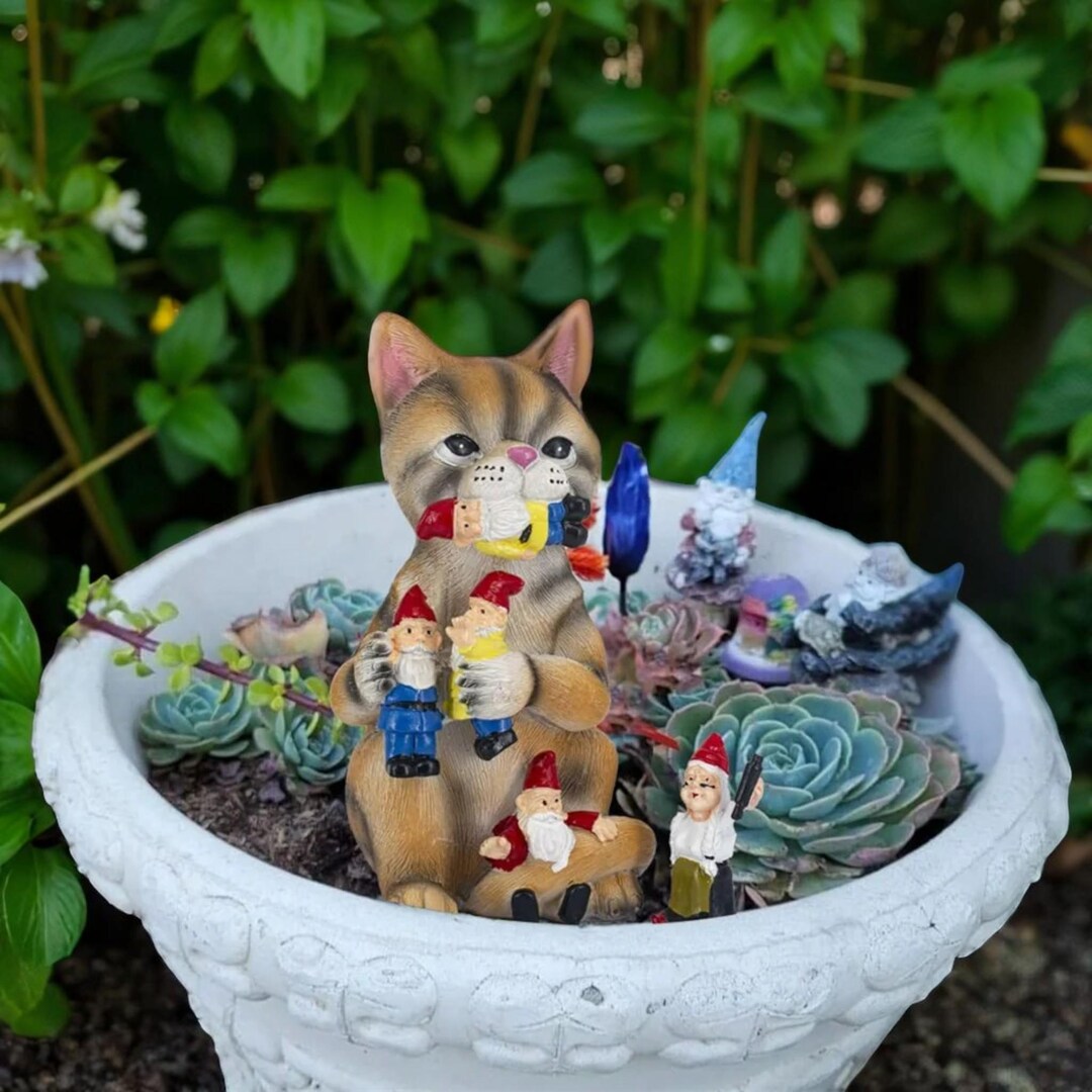 Funny Cat Eating Gnome Statue: Whimsical Resin Garden Decor - Etsy