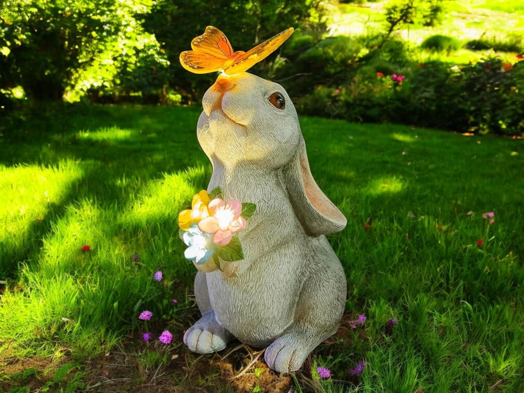 Solar Bunny Garden Statue | Resin Rabbit With LED Butterfly Light - Etsy