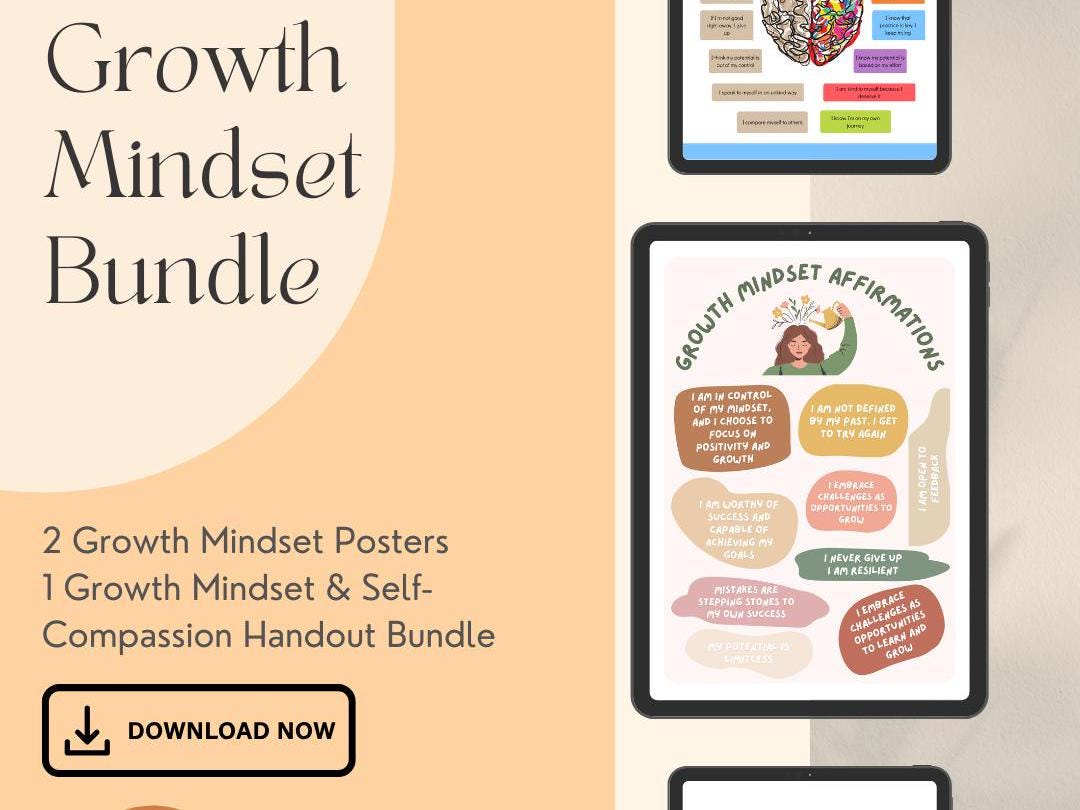Growth Mindset & Self-compassion Posters | Therapy and Classroom ...