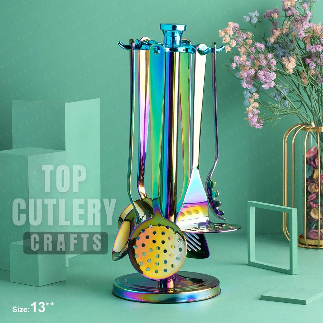 Rainbow Stainless Steel Kitchen Utensil Set With Stand - Etsy