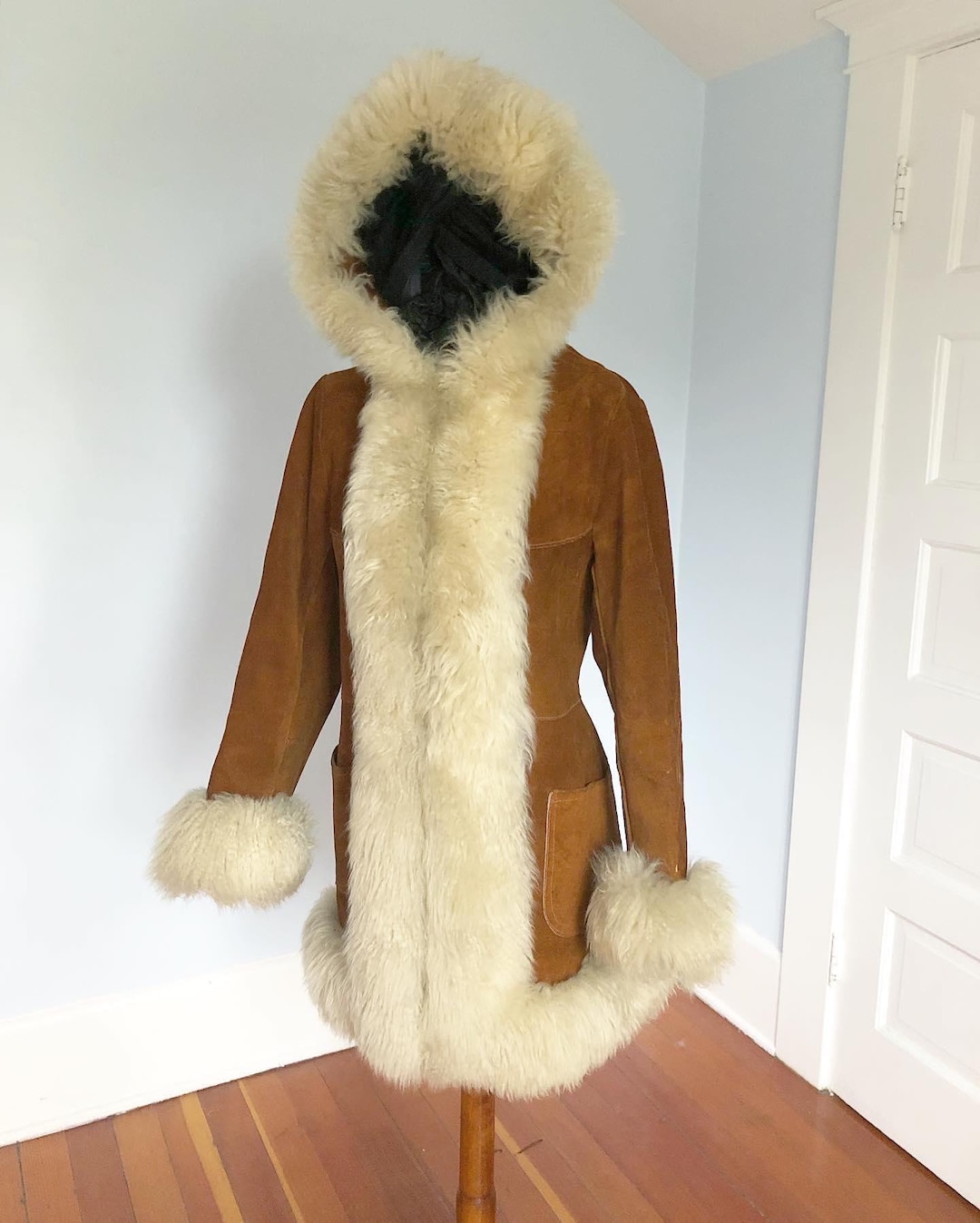 Vintage 70s Suede Shearling Coat: Handmade Boho Afghan Fur Hooded ...