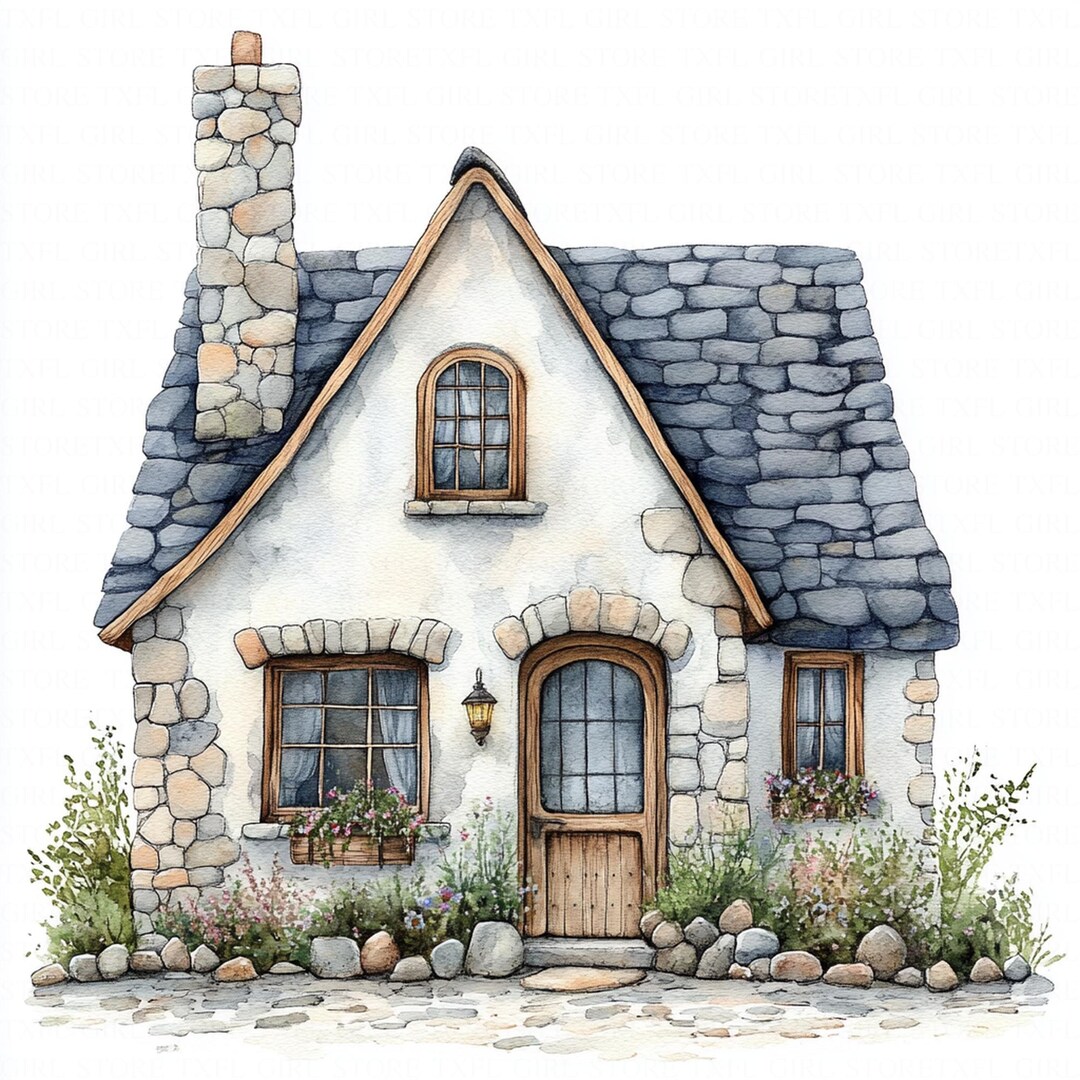 Stone Cottage Clipart 10 High Quality Jpgs Digital Download Watercolor ...