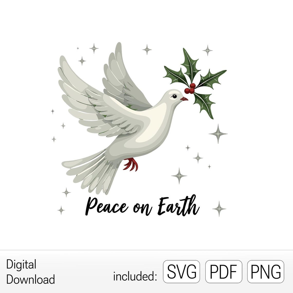 Elegant 'peace on Earth' Design With Dove, Holly Branch, Stars ...